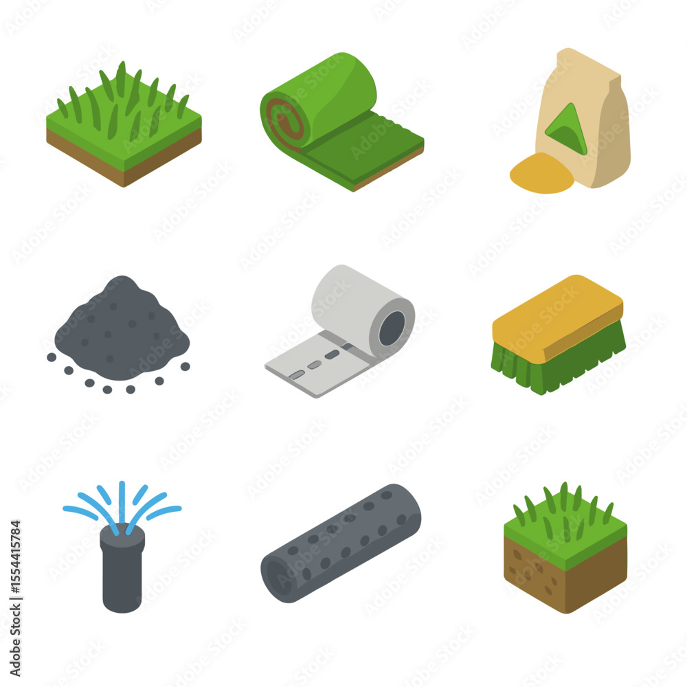 Football Turf Icon Set. Isometric Flat icon set of football field turf ...