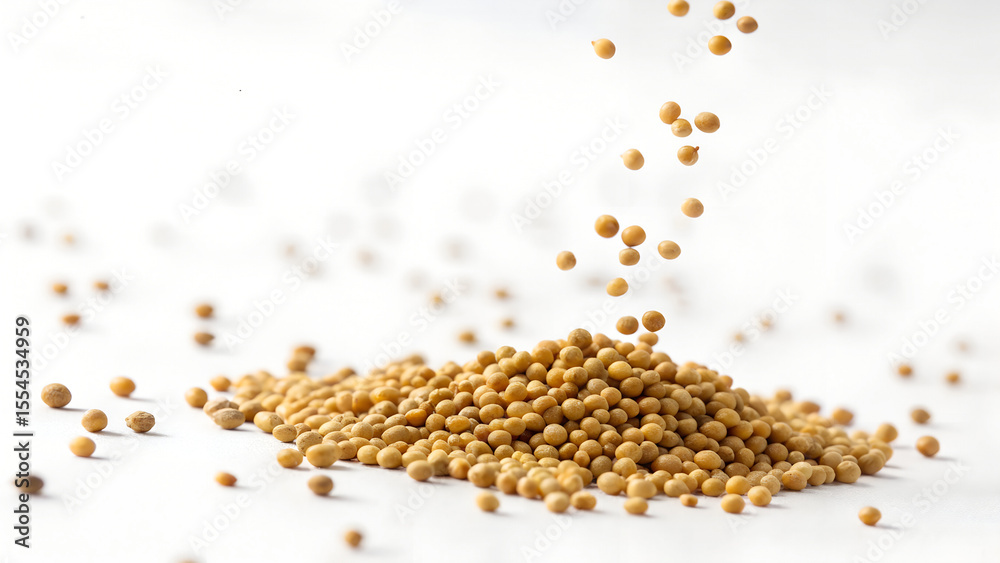 Mustard seeds falling onto a pile isolated on white background showing ...