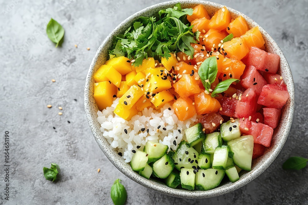 Top view of a colorful poke bowl filled with rice, fresh fish, and ...