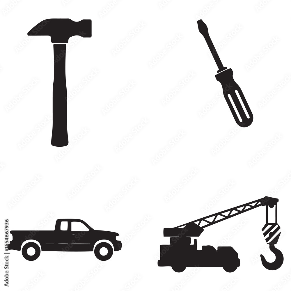 Collection of construction and automotive symbols including a hammer ...
