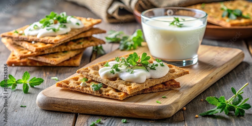 Melted cheese on whole grain crackers with fresh herbs and a side of ...