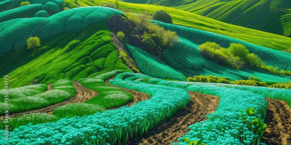 Lush green and blue hills with winding dirt paths, vibrant flowers, and ...