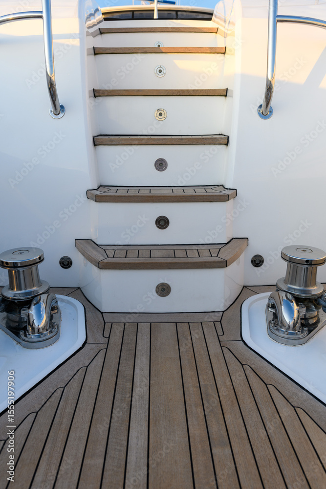 Teak stairs ladder on luxury yacht. Elements of yacht construction ...