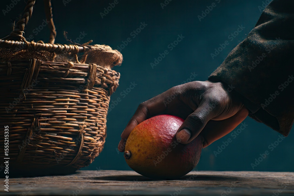 Cinematic moment of a hand grabbing a ripe mango, motion blur on ...