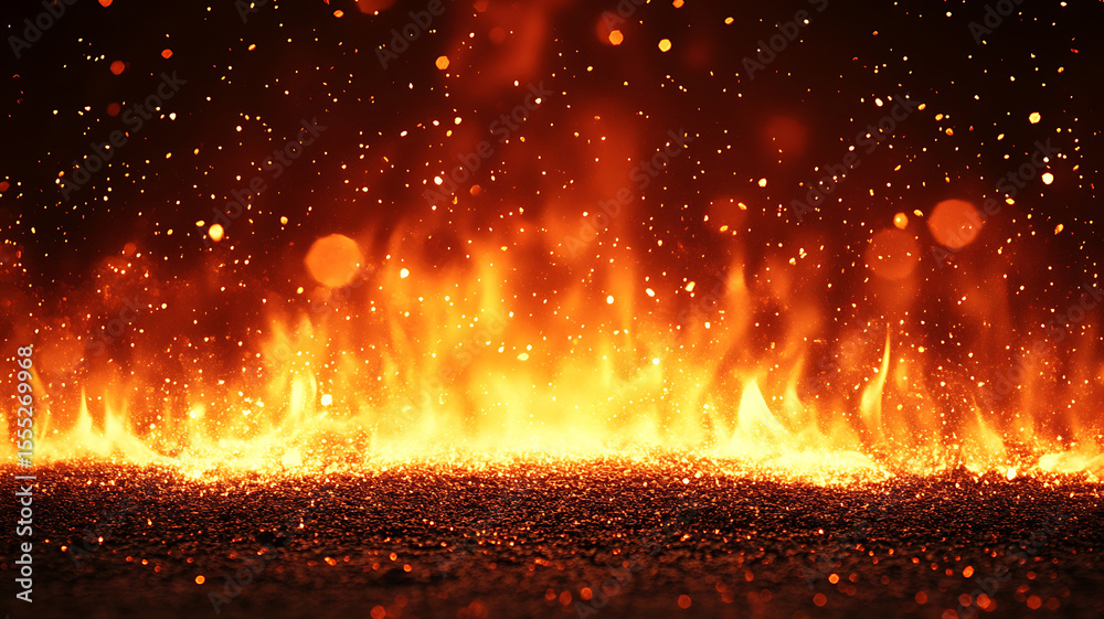 Intense fire flames with sparkles over black background fiery backdrop ...