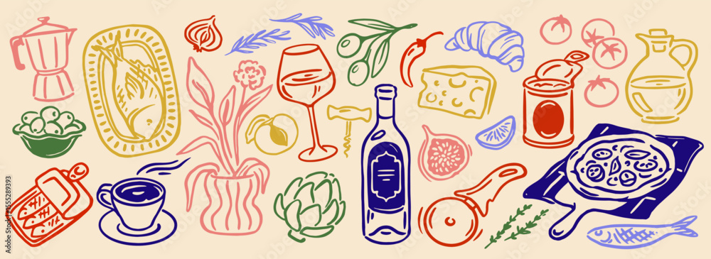 Mediterranean food set. Doodle icons with traditional Italian cuisine ...