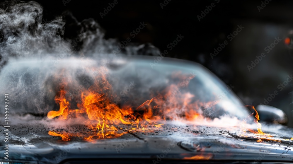 Zdjęcie bez tantiem: Smoking car with flames and thick smoke rising ...