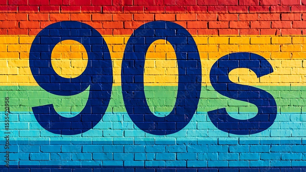 Zdjęcie bez tantiem: Step Back in Time Vibrant 90s Rainbow Brick Wall ...