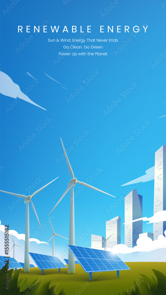 Renewable energy vertical panel illustrations include solar panels and ...