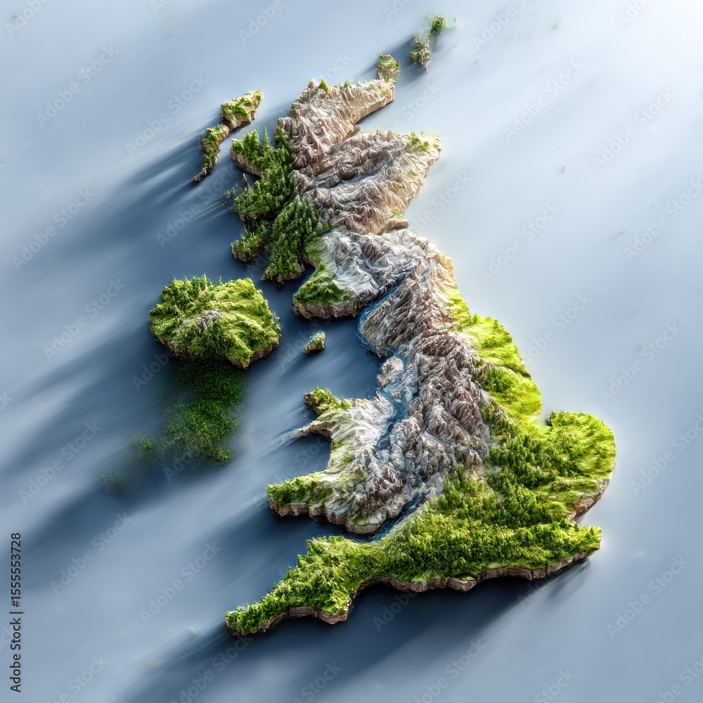 3D topographic map of the UK Stock Illustration | Adobe Stock