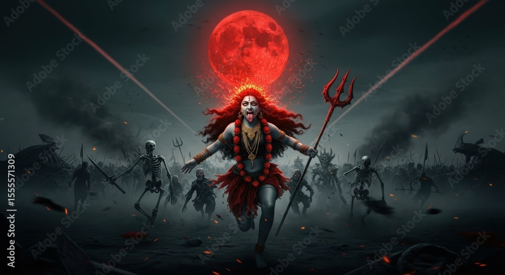 Ai generated image of fierce kali goddess runs through a skeleton army ...