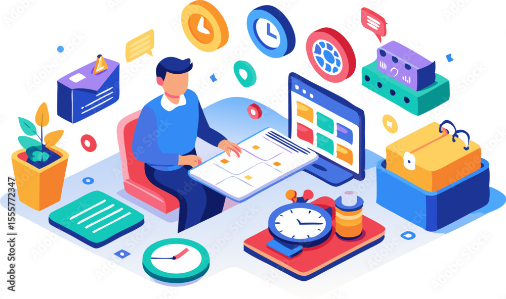 Colourful flat infographic of time management: an office desk with a ...