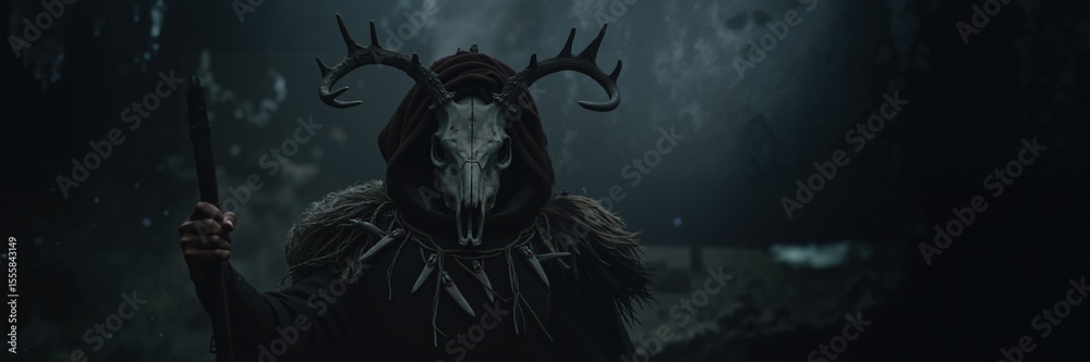 Dark hooded figure with deer skull mask and antlers in misty forest ...