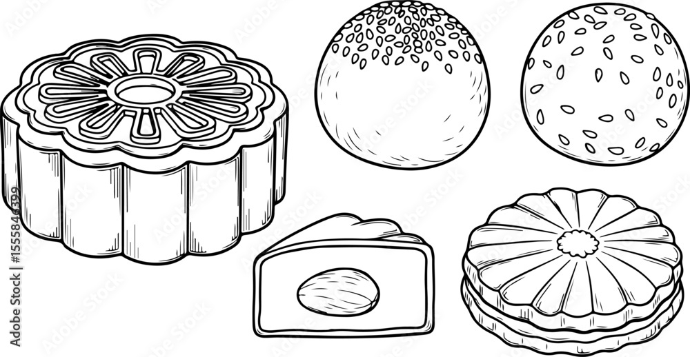 Black and white illustration of various traditional mooncakes ...