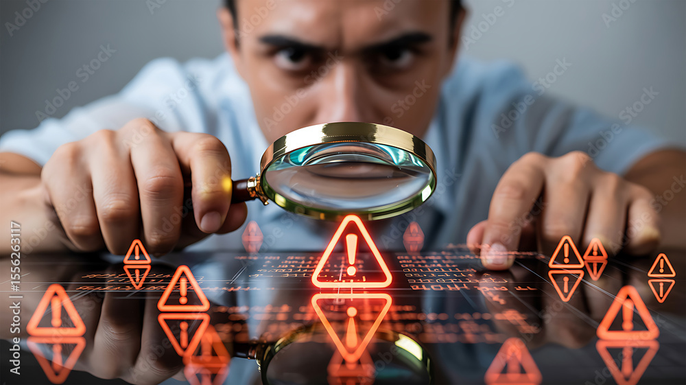 Man with magnifying glass inspecting digital data with numerous warning ...