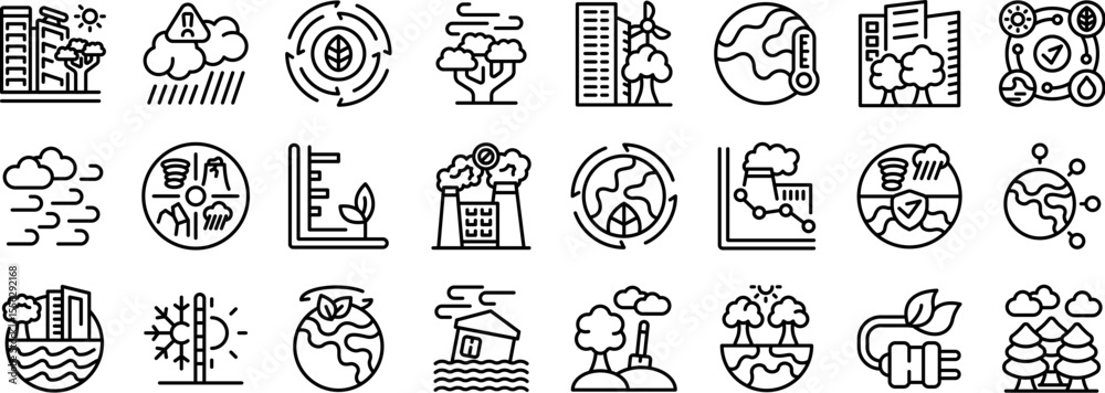 Climate resilience icons set. Icons representing various aspects of ...