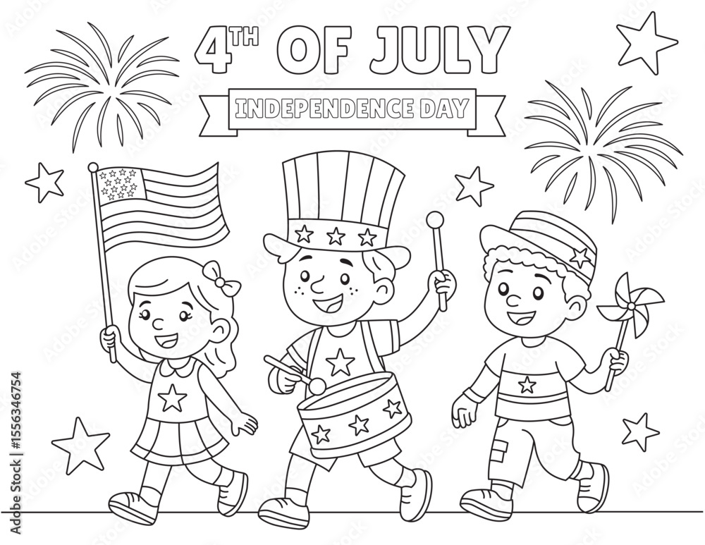 Praca wektorowa bez tantiem: 4th of July parade coloring page with kids ...