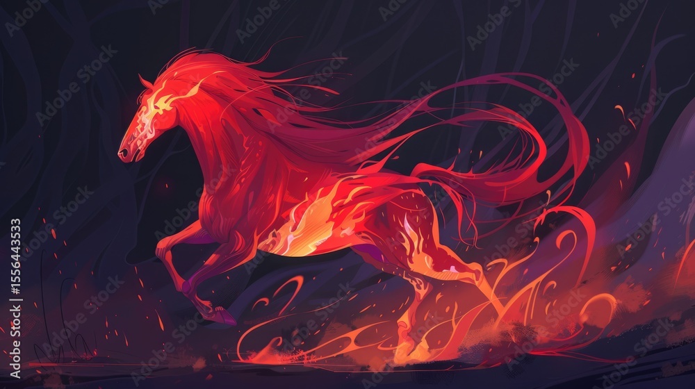 Majestic fire horse with flowing flame mane and sparks on dark ...