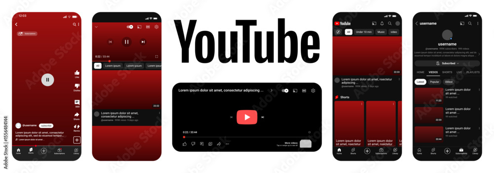 YouTube Mobile App UI Mockup – Dark Mode Interface Screens with Video ...