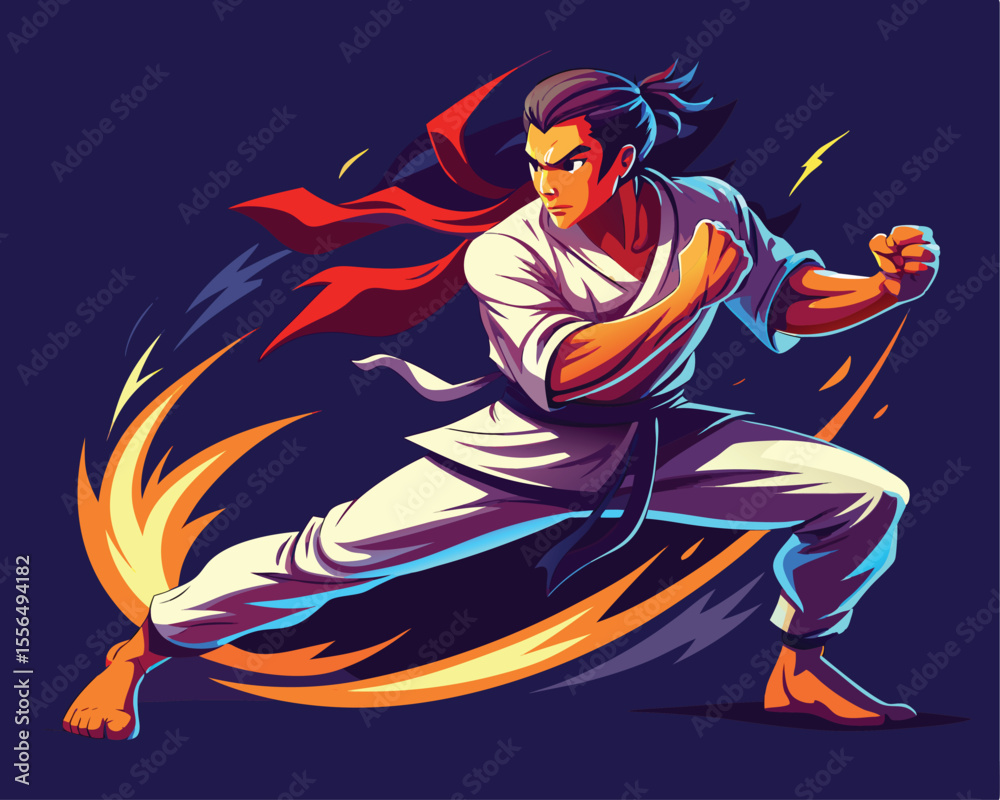 Martial artist in mid action pose wearing traditional dress vector art ...