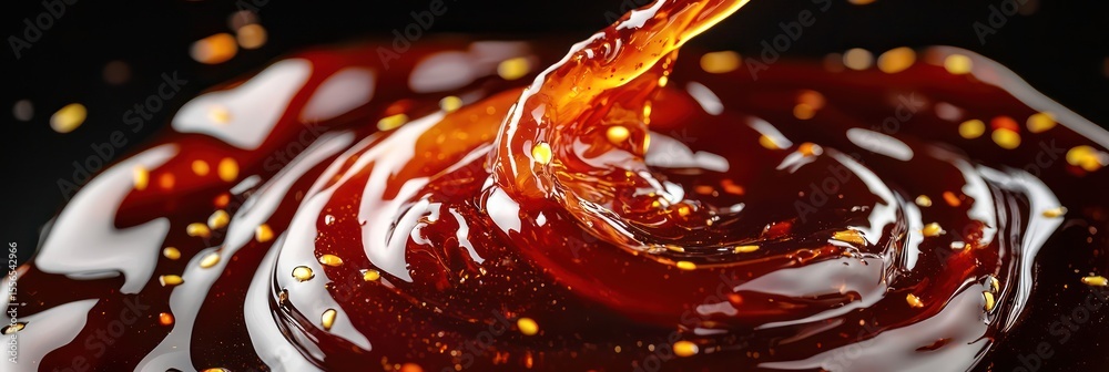 Soy sauce and barbecue sauce combining in a bold, swirling splash with ...