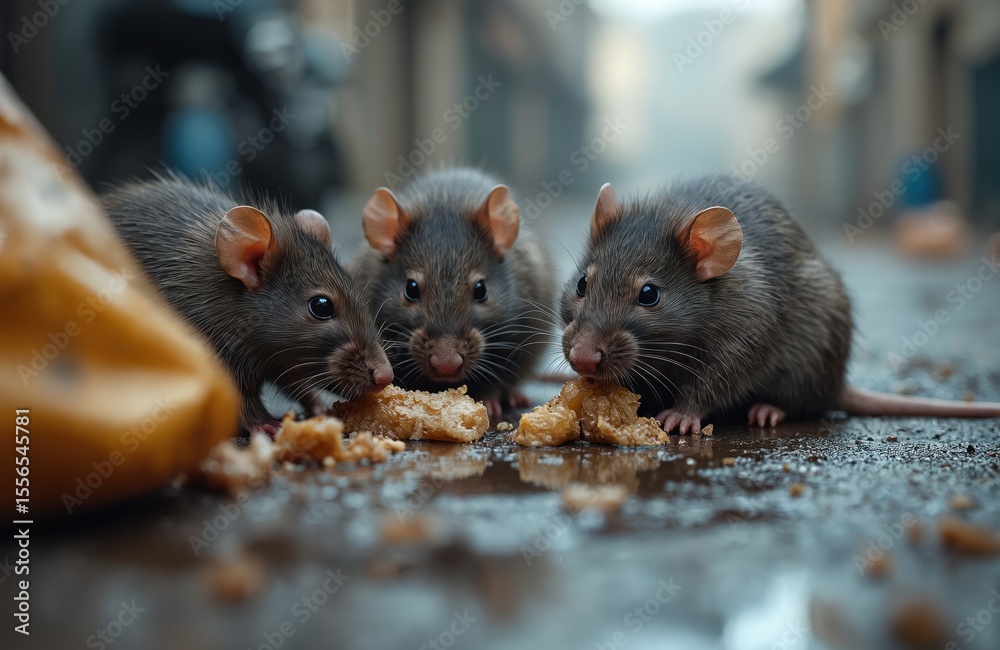Three dirty rats eat garbage in city street, wet ground, blurred ...
