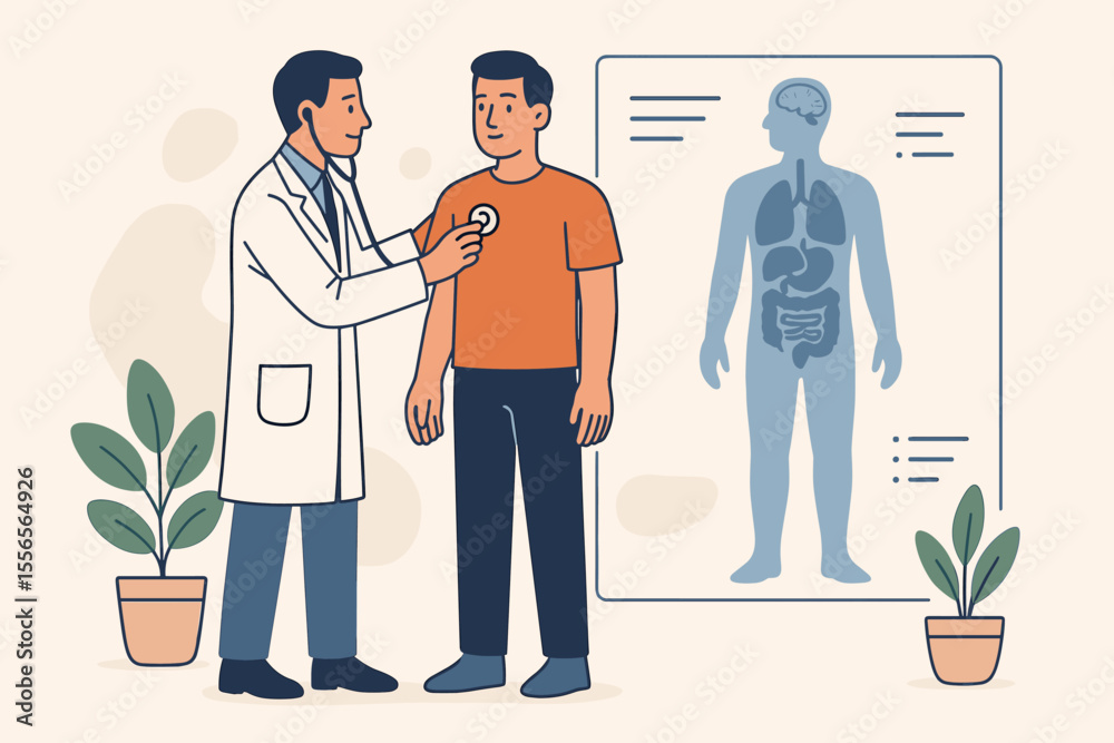 Comprehensive medical examination concept. Doctor using stethoscope to ...