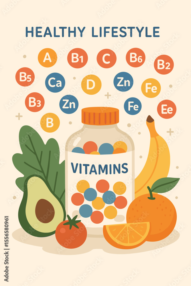 Healthy Lifestyle Vitamin and Mineral Nutrition Concept. Flat Cartoon ...
