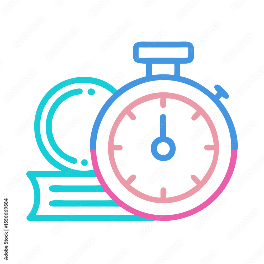 Stylized stop watch and tape roll graphic on black background to ...