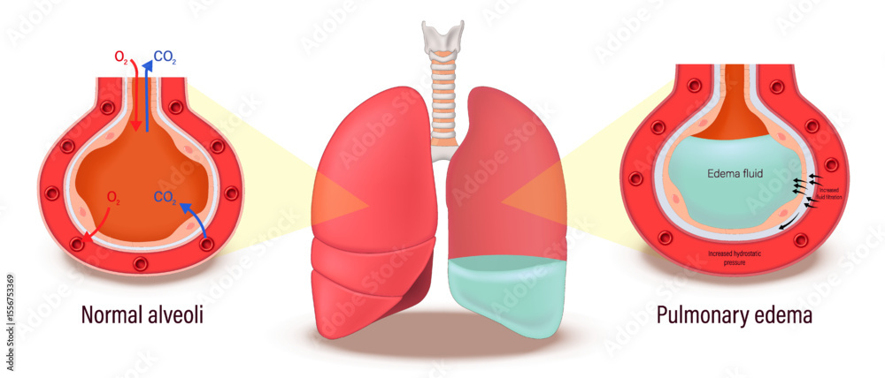 Pulmonary edema. Comparison between normal alveoli and pulmonary edema ...
