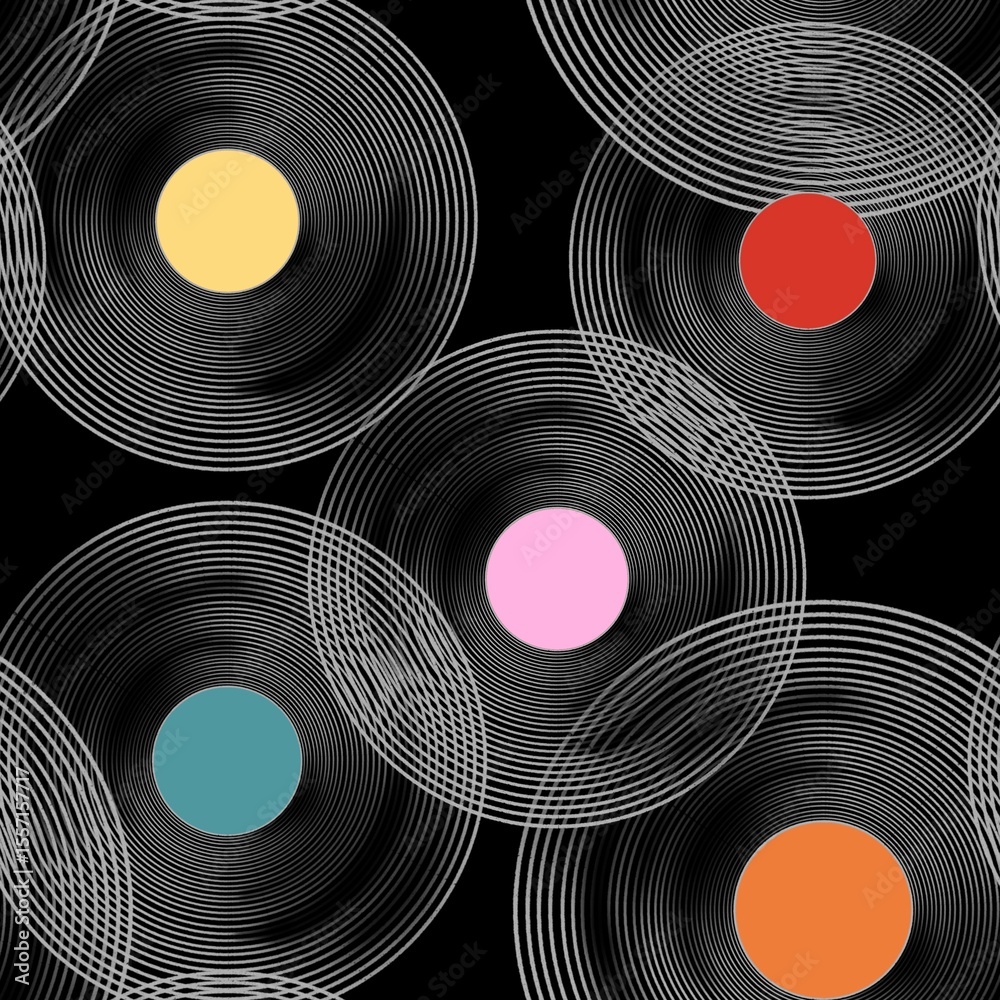 Seamless pattern of vintage analog records, hand drawn on black ...
