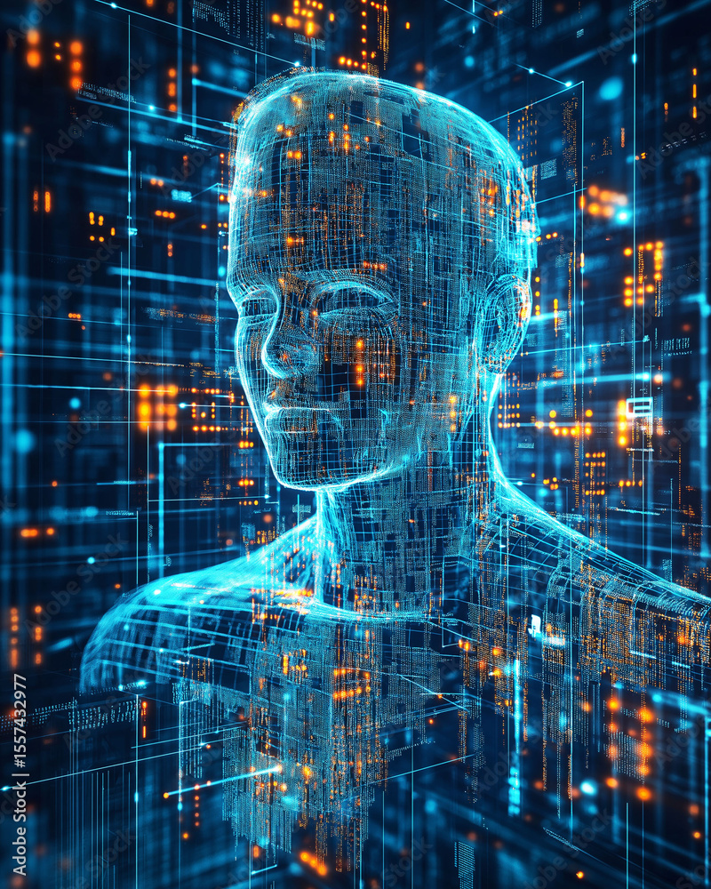 Cyber defense AI. AI avatar protecting data nodes in a cyber grid ...