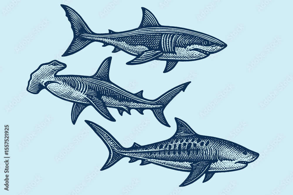 Three sharks woodcut engraving style vector illustration Stock Vector ...