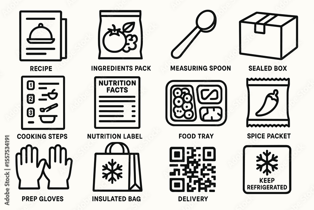 Meal kit icons: recipe, ingredients, nutrition, and packaging symbols ...
