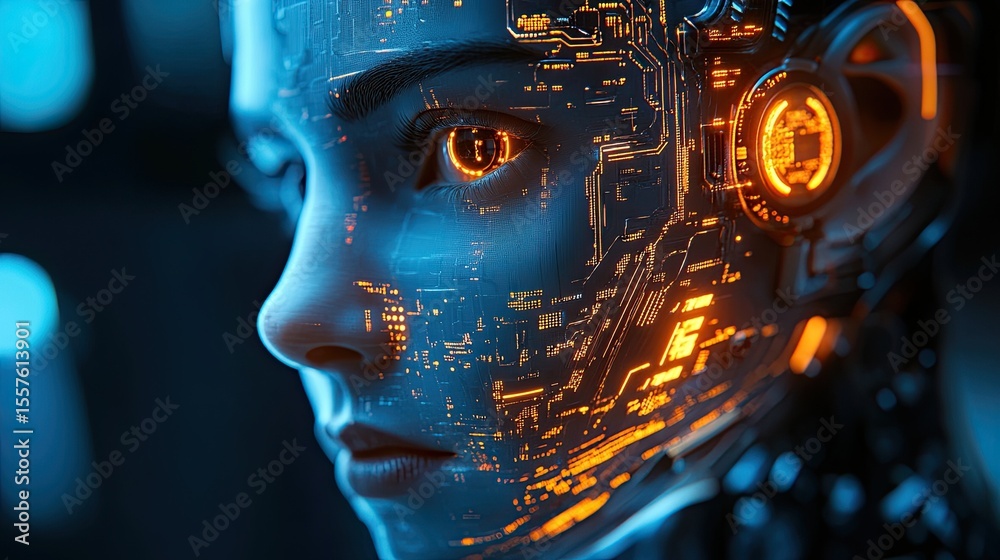 Robotic face with embedded circuit technology, futuristic AI android ...