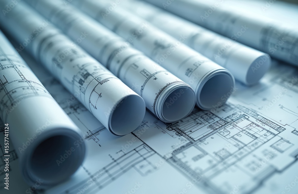 Rolled architectural blueprints, technical drawings displayed ...