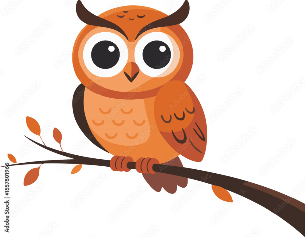 Cute cartoon owl perched on a branch with autumnal orange and brown ...