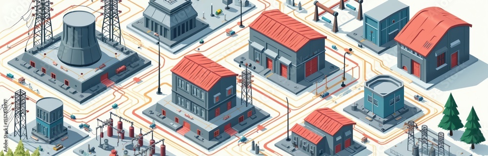 Isometric illustration power grid power plants, substations ...