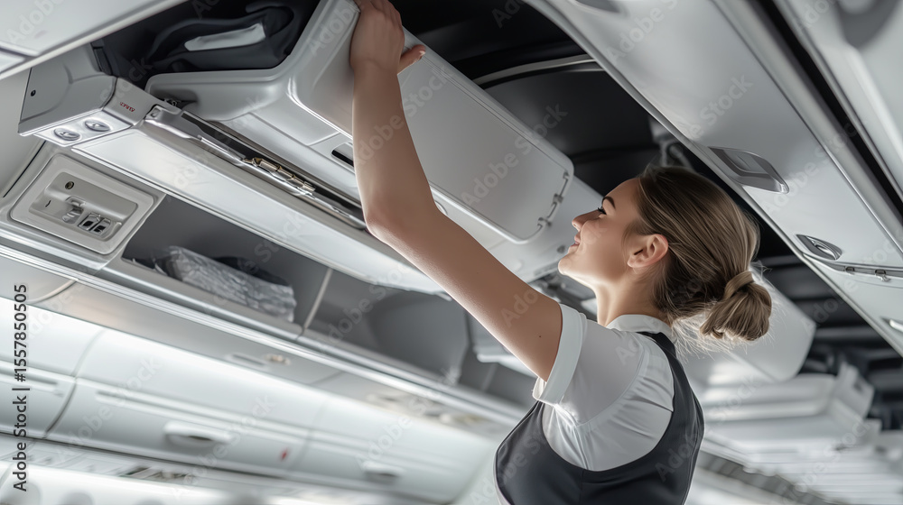 Cabin crew member checks overhead compartments for passenger safety in ...