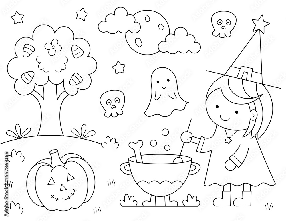 Ilustrace cute Halloween coloring page with a little girl. You can ...
