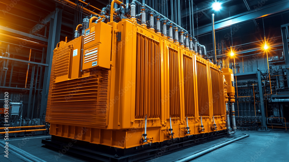 Modern electrical transformer equipment used to raise voltage in a ...