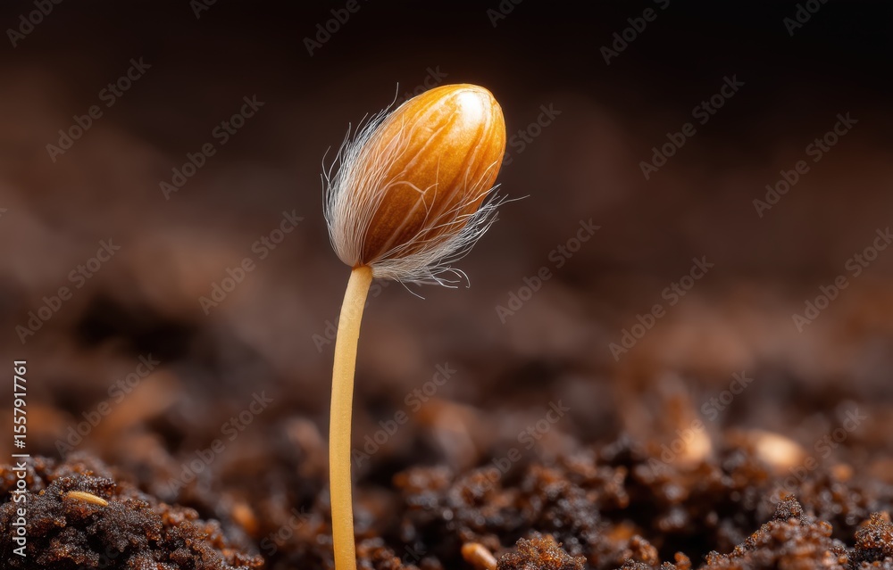 Symbolic emergence of a seed breaking through dry soil representing ...