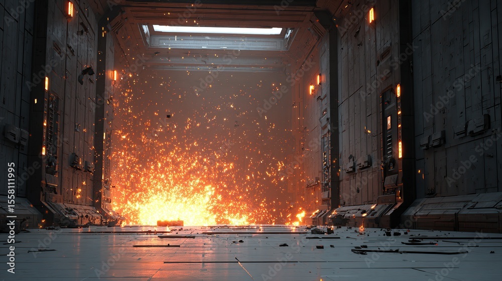 Fiery explosion in a futuristic metallic corridor. Sparks and debris ...