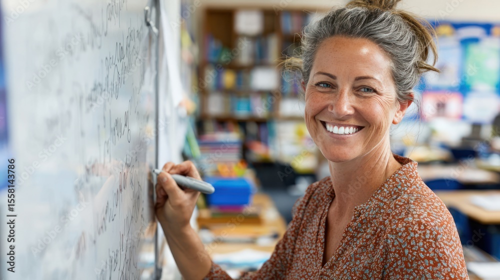 Professional teacher writing verb tenses on whiteboard with clear ...