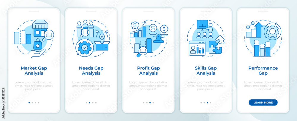 Types of gap analysis blue onboarding mobile app screen. Data research ...