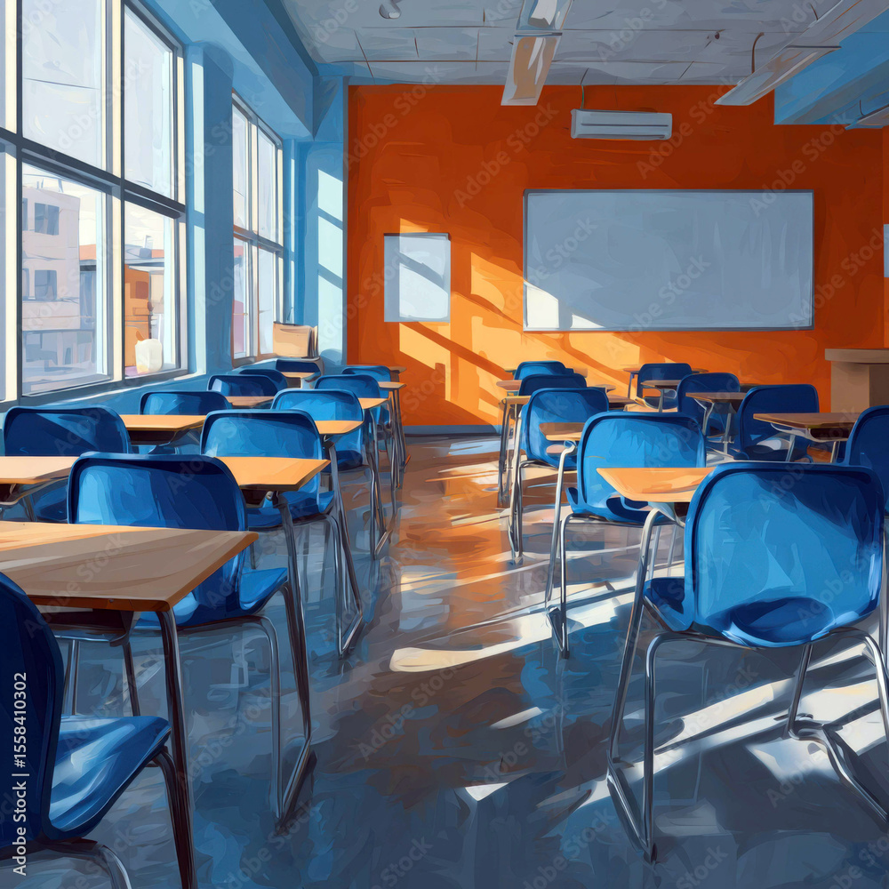 Empty Classroom with Rows of Student Desks and Chairs by Windows Stock ...