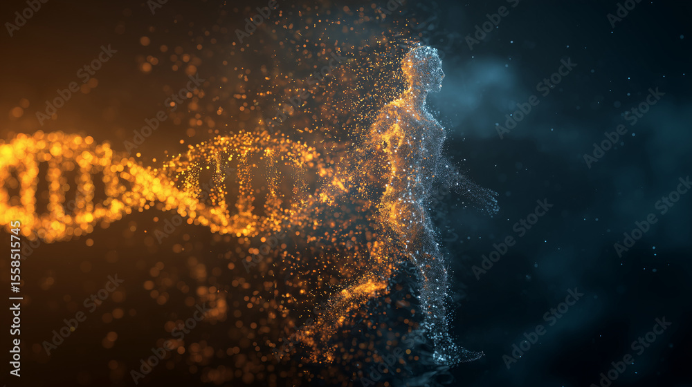 A transformation from gene to digital immortality, a glowing DNA helix ...