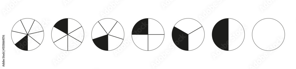 Donut charts segmented on from 1 to 7 equal parts. Diagrams infographic ...