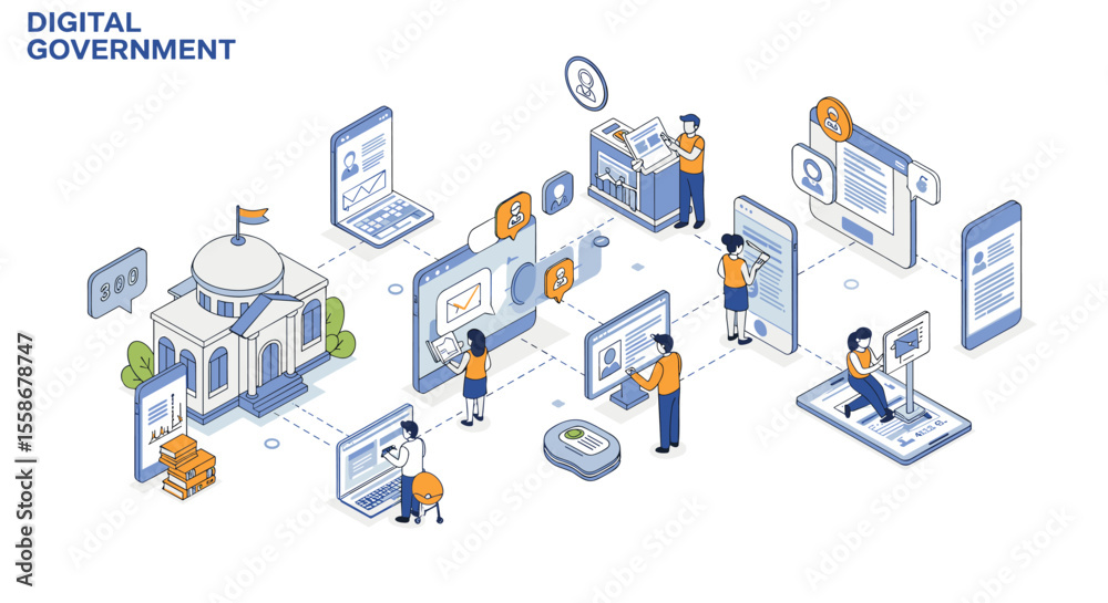 Digital government transformation vector illustration: isometric design for technology and ...