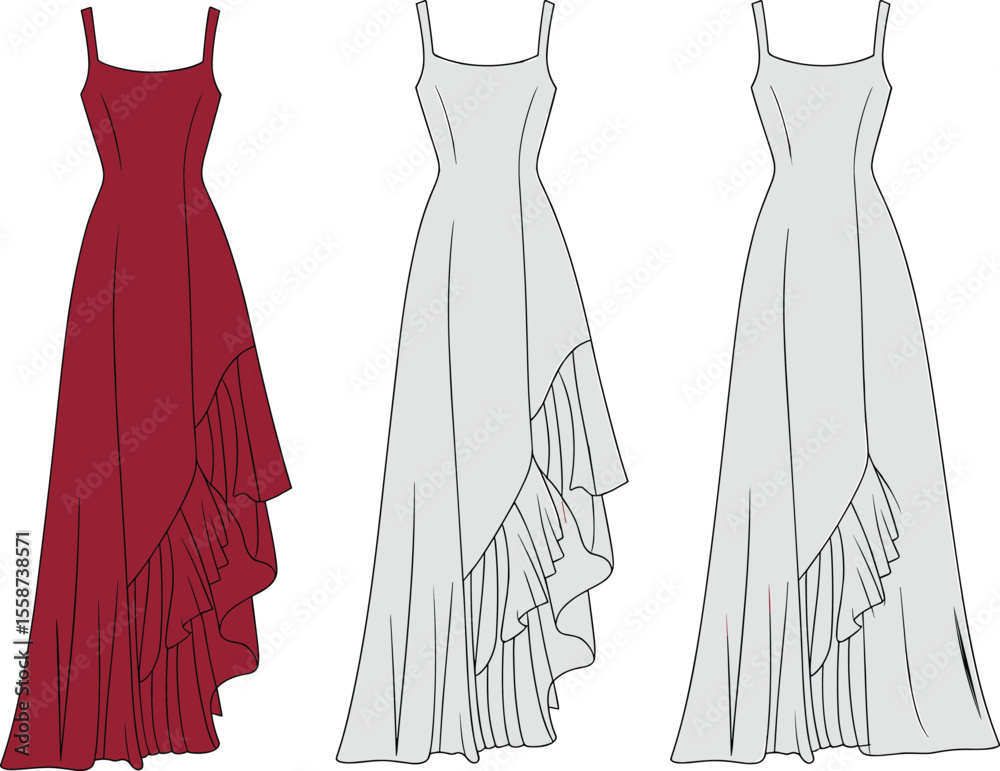 Elegant asymmetrical evening gown fashion flat sketch, ruffle detail ...